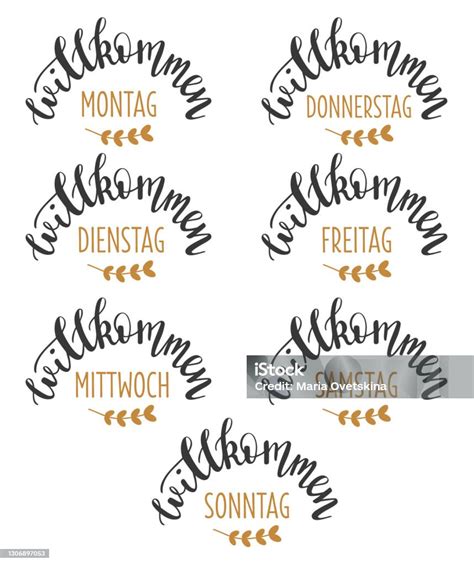 독일어 손으로 그린 글자 로고 아이콘 세트7 평일 환영합니다 플래너 캘린더 주최자 카드 배너 및 기타 디자인에 대한 벡터 겨울