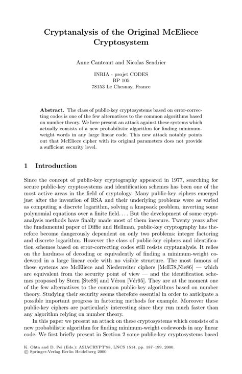 Pdf Cryptanalysis Of The Original Mceliece