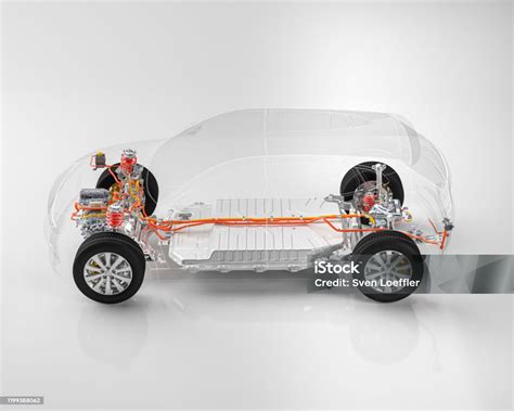 스튜디오 환경 라인 아트 3d 렌더링현대 전기차 섀시 X 선 차량 배터리 전기 자동차 대체 연료 자동차에 대한 스톡 사진 및