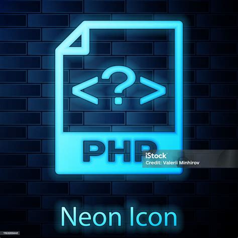 發光的霓虹燈 Php 檔文檔圖示下載在磚牆背景上隔離的 Php 按鈕圖示php 檔符號向量插圖向量圖形及更多javascript圖片 Javascript Php 程式語言