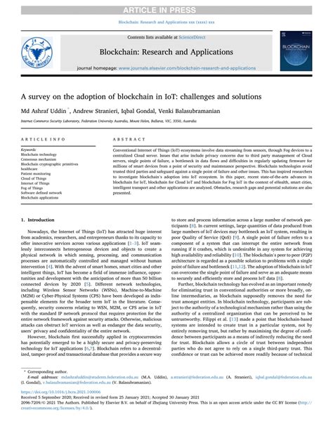 PDF A Survey On The Adoption Of Blockchain In IoT Challenges And Solutions