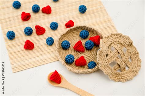 Making A Toy Pie With Forest Berries In An Ancient Style Crocheted Basket Hand Made Material