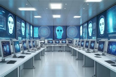 Futuristic Surveillance Room With Digital Faces On Screens Premium Ai Generated Image