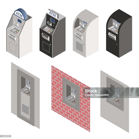 아이소메트릭 Atm 기계 세트입니다 벡터 현금 자동 입출금기에 대한 스톡 벡터 아트 및 기타 이미지 현금 자동 입출금기 3차원 형태 개체 그룹 Istock