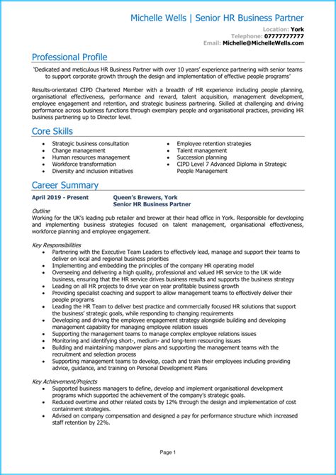 Senior Hr Business Partner Cv Example Guide