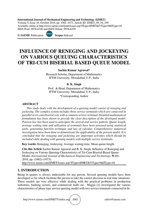 Pdf Influence Of Reneging And Jockeying On Various Queuing Characteristics Of Tri Cum Biserial