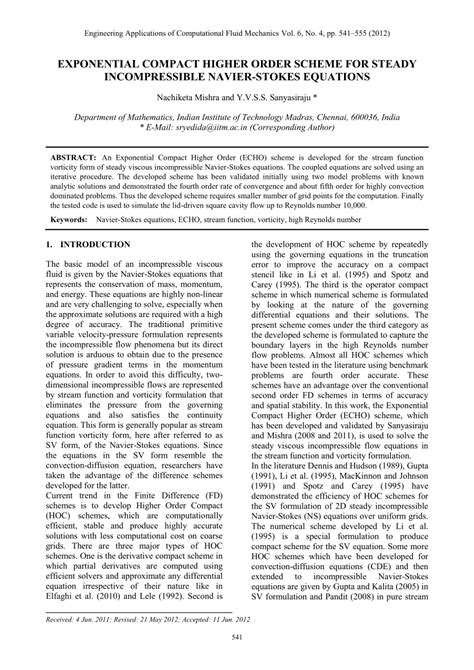 Pdf Exponential Compact Higher Order Scheme For Steady Incompressible Navier Stokes Equations