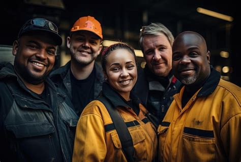 Premium AI Image Various Members Of A Factory Team Smiling In The Style Of Saturated Colorism