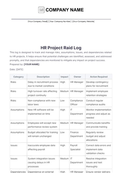 Free HR Project RAID Log Template To Edit Online
