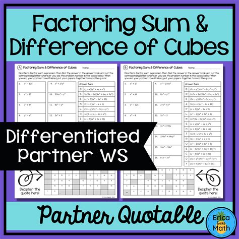 Factoring Sum And Difference Of Cubes Differentiated Partner Worksheets Library