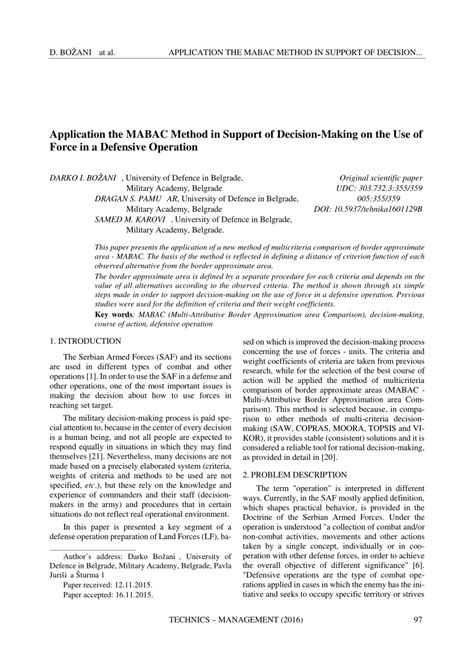 Pdf Application The Mabac Method In Support Of Decision Making On The Use Of Force In A