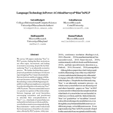 Language Technology Is Power A Critical Survey Of “bias” In Nlp Acl Anthology