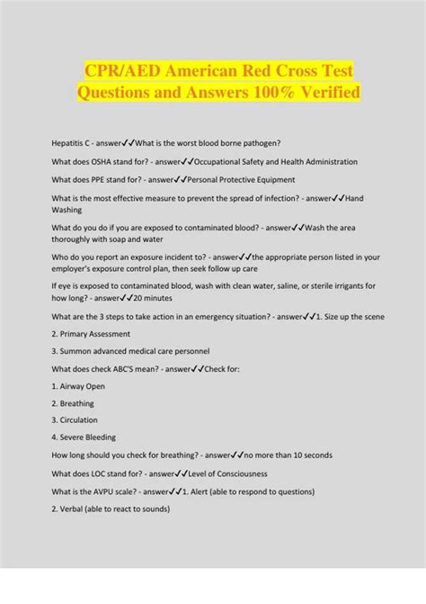 CPR AED American Red Cross Test Questions And Answers Verified CPR American Red Cross