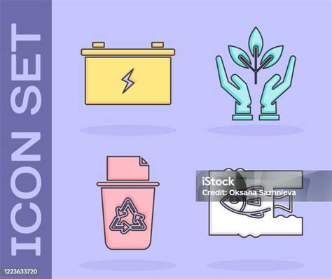 설정 바다 플라스틱 오염 자동차 배터리 환경 보호 아이콘의 손에 재활용 기호와 식물 휴지통을 중지합니다 벡터 다중 색상에 대한 스톡 벡터 아트 및 기타 이미지 Istock