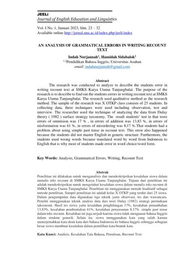 An Analysis Of Grammatical Errors In Writing Recount Text