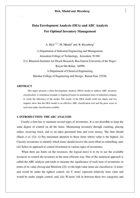 PDF Data Envelopment Analysis DEA And ABC Analysis For Optimal Inventory Management