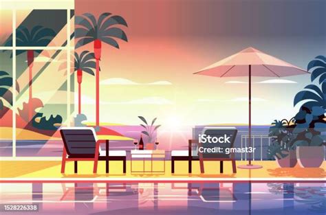 트로피컬 럭셔리 리조트 호텔 해변 수영장 수영장 옆 좌석 공간 여름 휴가 개념 해변 배경 가로 벡터 그림 관광 리조트에 대한 스톡 벡터 아트 및 기타 이미지 Istock