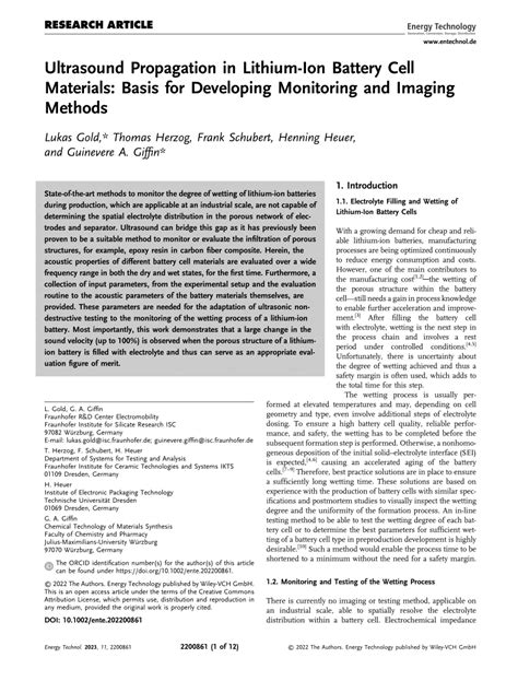 Pdf Ultrasound Propagation In Lithium‐ion Battery Materials Basis For Developing Monitoring
