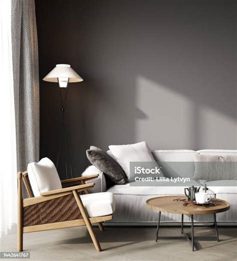 현대적인 미니멀리스트 거실 인테리어는 흰색 소파 목재 가구 회색 거실 내부 배경 스칸디나비아 스타일 회색 톤의 거실 3d 렌더링으로 조롱합니다 0명에 대한 스톡 사진 및