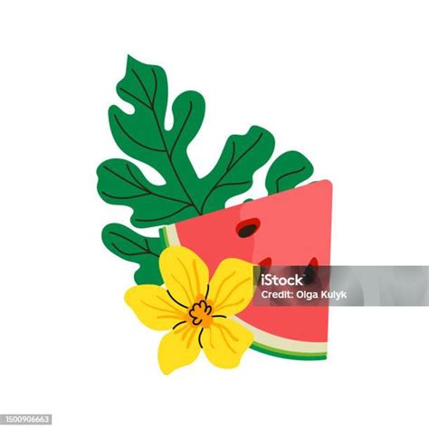 수박 조각 녹색 잎 노란색 수박 꽃 벡터 그림은 흰색 배경에 분리되어 있다 여름 음식 요소 0명에 대한 스톡 벡터 아트 및 기타 이미지 Istock