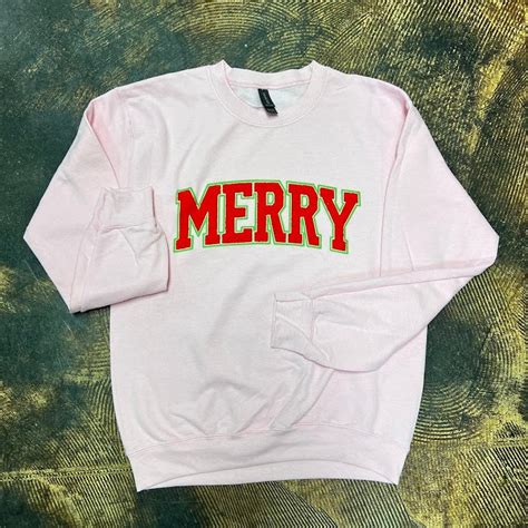 Ready To Ship Merry Chenille Patch Pink Crewneck Alphabet Soup Designs