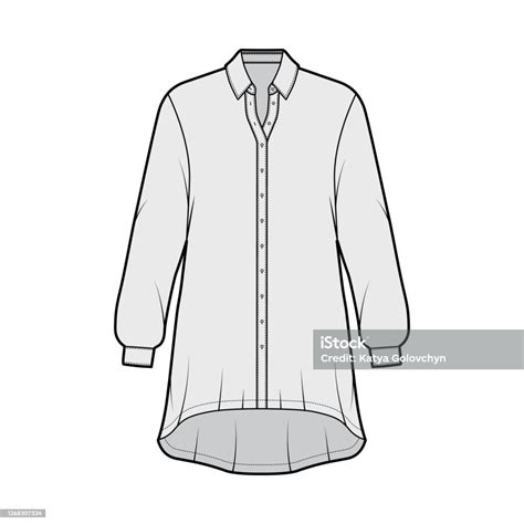 롱 슬리브 레귤러 칼라 하이 로우 헴 버튼 패스닝이 돋보된 오버사이즈 셔츠 드레스 테크니컬 패션 일러스트 0명에 대한 스톡 벡터 아트 및 기타 이미지 Istock