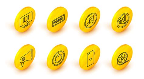 회선 필름 릴 스마트폰 휴대폰 전원 버튼 메가폰 스피커 음소거 음표 톤 말풍선 아이콘의 싫어요를 설정합니다 벡터 3차원 형태에