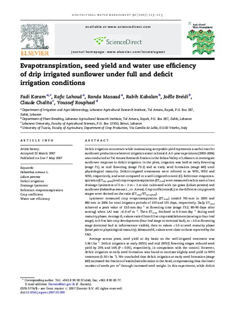 Pdf Evapotranspiration Seed Yield And Water Use Efficiency Of Drip Irrigated Sunflower Under