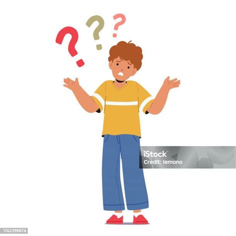 어리둥절한 소년은 머리 위에 물음표를 맴돌며 불확실성의 바다에서 길을 잃고 서 있습니다 호기심 많은 꼬마 뒤쫓음에 대한 스톡 벡터 아트 및 기타 이미지 Istock