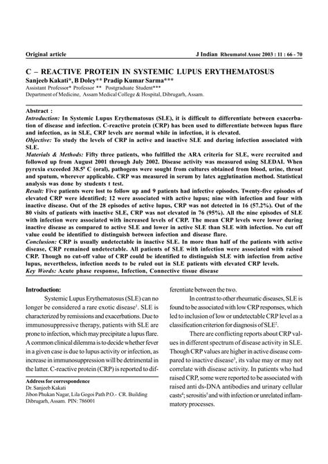 Pdf Role Of C Reactive Protein In Systemic Lupus Erythematosus