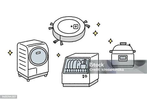 간단한 터치 시간 절약 가전 제품 세트의 일러스트 레이 션 세탁기 로봇 진공 청소기 식기 세척기 일러스트레이션에 대한 스톡 벡터 아트 및 기타 이미지 Istock