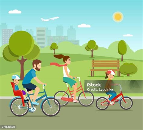 활성 가족 공원에서 자전거를 타고입니다 평면 벡터 일러스트 레이 션 가족에 대한 스톡 벡터 아트 및 기타 이미지 가족 자연 풍치지구 자전거 타기 Istock