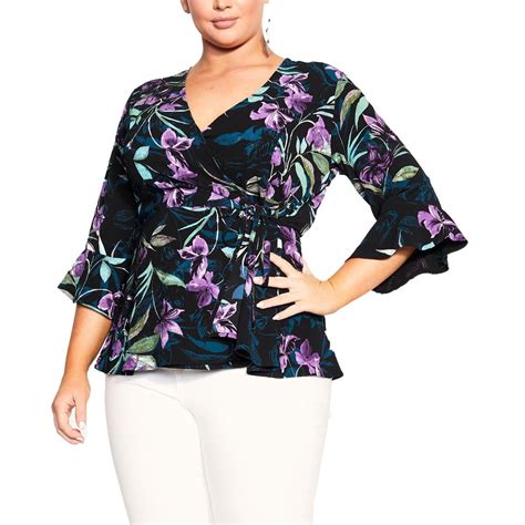 City Chic Womens Plus Floral Flutter Sleeve Wrap Top Product