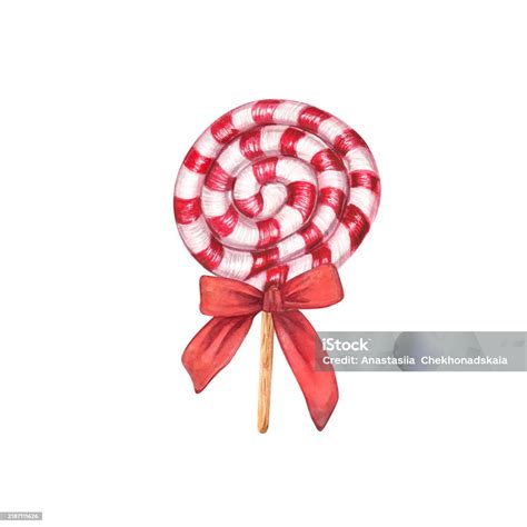 빨간색과 흰색의 축제 막대 사탕이 밝은 빨간색 리본 리본으로 묶여 있습니다 크리스마스 롤리팝의 수채화 그림입니다 크리스마스 카드 선물 태그 초대장 및 휴일 장식에 적합합니다