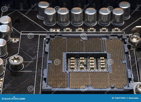 Close Up Of CPU Socket On A Modern Computer Motherboard Electronic Small Component Details