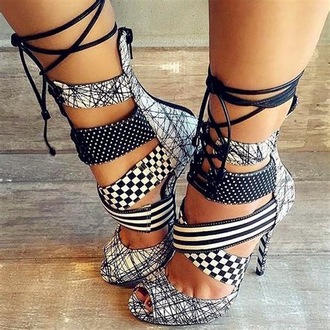 Womens Shoes Shoespie Black Printed Cross Strap Peep Toe Stiletto Heels
