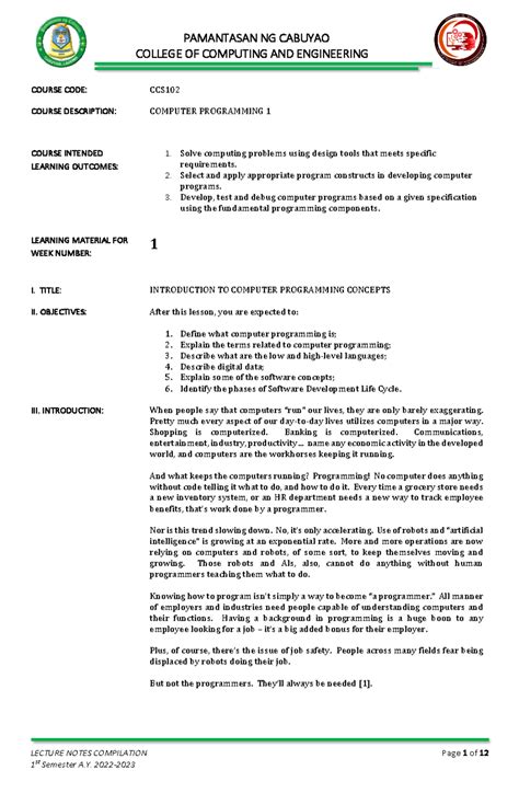 Ccs102 Week 1 Introduction To Computer Programming Concepts College