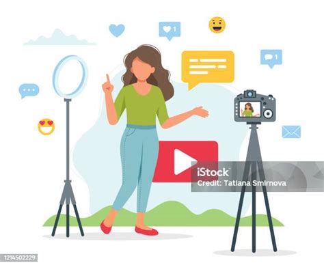 카메라와 빛으로 비디오를 녹화 하는 여성 비디오 블로거 다른 소셜 미디어 아이콘 플랫 스타일의 귀여운 벡터 일러스트레이션 브이로깅에 대한 스톡 벡터 아트 및 기타 이미지