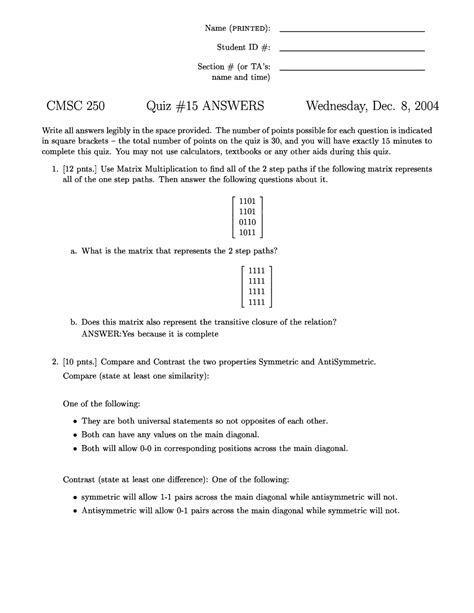Quiz 15 With Answers Discrete Structures 2004 Cmsc 250 Docsity