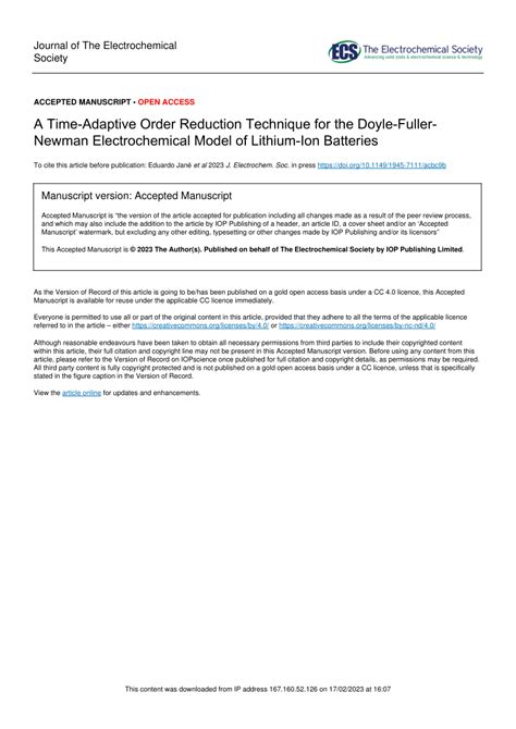 Pdf A Time Adaptive Order Reduction Technique For The Doyle Fuller