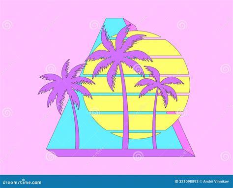 3d Triangle With Palm Trees At Sunset In 80s Style Retro Futuristic Sunset With Palm Trees In