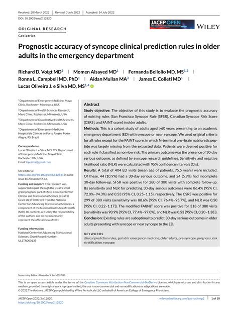 Pdf Prognostic Accuracy Of Syncope Clinical Prediction Rules In Older Adults In The Emergency