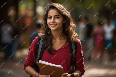 Premium Photo Young Indian College Girl Holding Backpack And Books