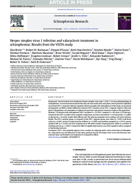 Herpes Simplex Virus 1 Infection And Valacyclovir Treatment In Schizophrenia Results From The