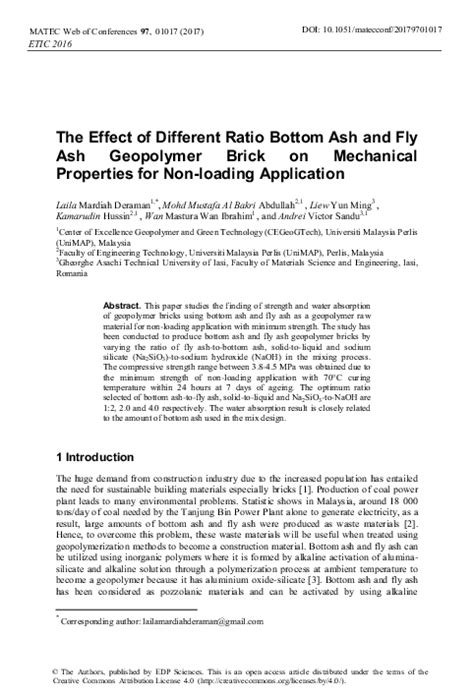 Pdf The Effect Of Different Ratio Bottom Ash And Fly Ash Geopolymer