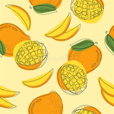 Seamless Pattern With Mango Ð¡ontinuous Line Hand Drawn Illustration