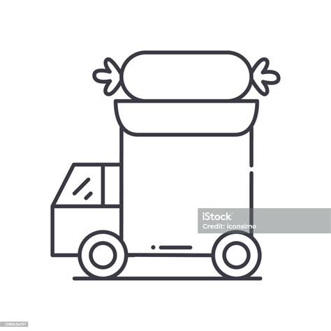 핫도그 트럭 아이콘 선형 절연 일러스트레이션 얇은 선 벡터 웹 디자인 기호 흰색 배경에 편집 가능한 스트로크와 개요 개념 기호