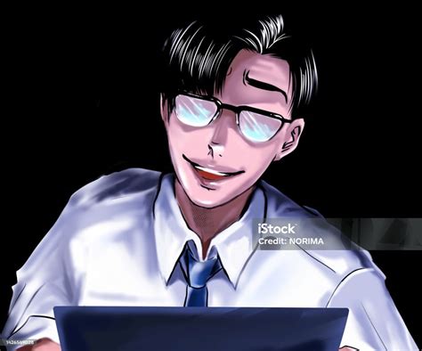 검은 머리와 안경을 착용 한 악의적 인 불법 남성의 컬러 만화 스타일 일러스트 레이 션은 불법 로그인으로 다른 사람의 암호와 개인 정보를 훔칩니다 It 지원에 대한 스톡