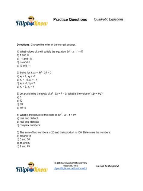 Quadratic Equations Practice Questions Pdf Teaching Methods And Materials