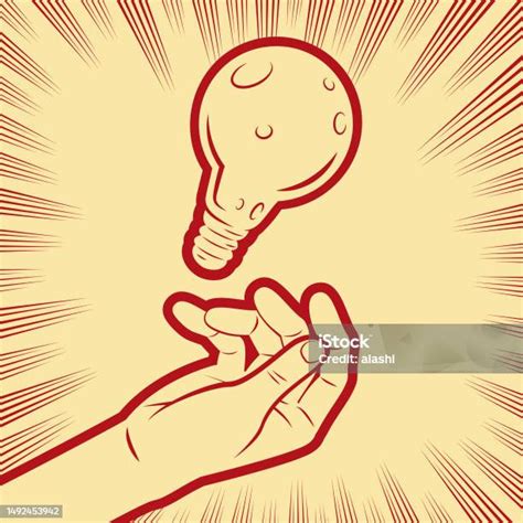 인간의 손이 떨어지는 아이디어 전구를 잡고 있습니다 방사형 만화 스피드 라인이 있는 배경에서 기민에 대한 스톡 벡터 아트 및 기타 이미지 Istock